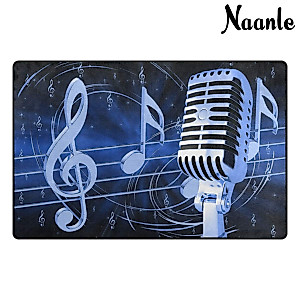 Naanle Music Musical Area Rug 5'x7', Microphone with Music Notes Polyester Area Rug Mat for Living Dining Dorm Room Bedroom Home Decorative