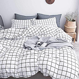 Twin Size Duvet Cover Set, White Plaid Microfiber Down Quilt Bedding Cover with Zip Ties, Farmhouse for Women Men Boys Girls Teen , 2 Piece - 68x90 inch XL Extra Long, Prepy College Dorm Grid Bed Sets