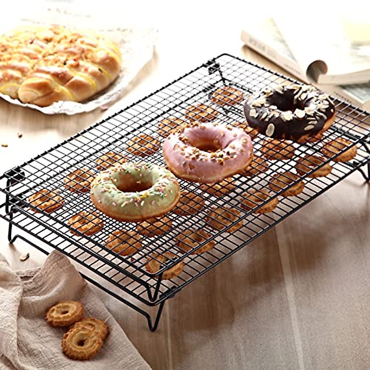 Asixxsix Cooling Rack, 17 x 11 Inches Oven and Dishwasher Safe Baking Rack, High Temperature Resistant Wire Rack with Small Mesh for Cooking, Roasting, Grilling, Dripping Dish, Fits Pans (Black)