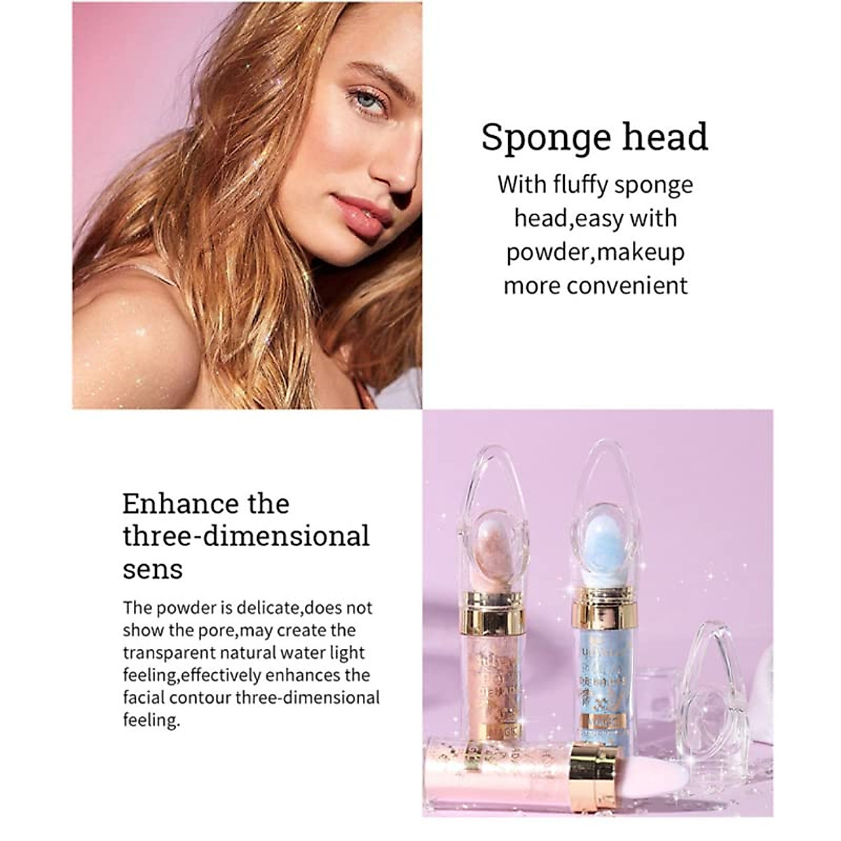 Polvo De Hadas Makeup Powder, Highlighter Powder Stick Body Shimmer Patting Powder Glitter High Gloss Sparkle Loose Brighten Face Body Lips Eyes Glow Cosmetic White Moonbeam (6 Colors Set)