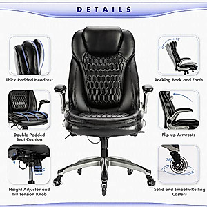 COLAMY Executive Home Office Chair-High Back Ergonomic Computer Chair with Padded Flip-up Arms, Adjustable Height and Tilt Lock, Thicken Seat Cushion Soft Leather Swivel Chair for Working Study