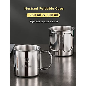 CretFine 304 Stainless Steel Camping Tea Kettle with Stackable Cups and Portable Bag, Anti-scalding Open Campfire Coffee Tea Pot, 1.1 Qt