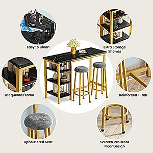 AWQM Bar Table Set with Storage Shelves, 47" Modern Black Faux Marble Breakfast Table with 2 Velvet Stools, 3-Piece Dining Set for 2, Space Saving Table for Kitchen/Dinning Room/Living Room/Studio