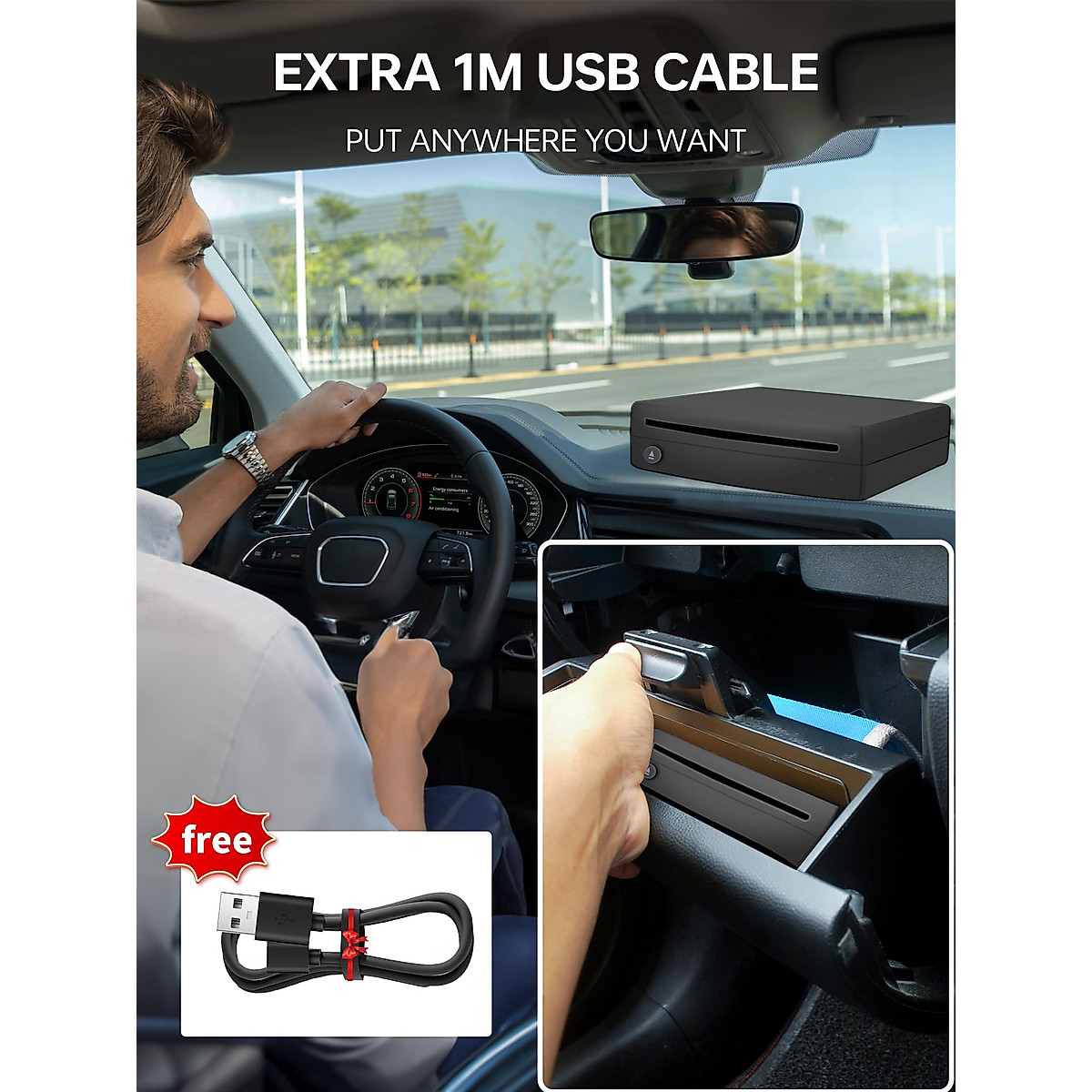 External USB CD Player for Car, Homlab Portable Plugs in CD Player with Extra USB Cable, for Car Without CD Player, Laptop, TV, Mac, Computer, for Android 4.4 and Above Navigation, Black