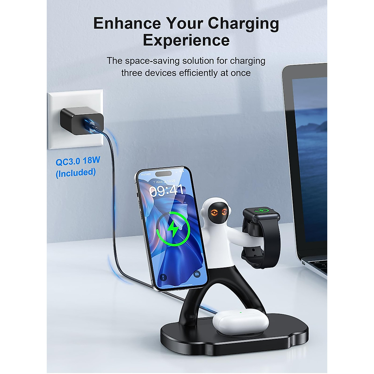 OBRFFE Wireless Charging Station 3 in 1, 18W Fast Magnetic Wireless Charger for Apple Devices, Compatible with iPhone 15/14/13/12 Pro Max, AirPods 3 2 Pro, iWatch Series for Bedside/Office/Desk