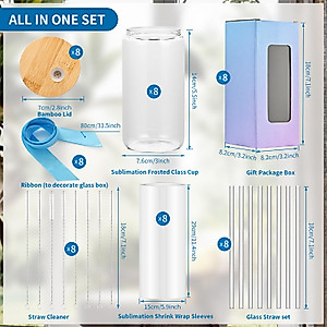 MAFYE Sublimation Glass Blanks With Bamboo Lid, 16OZ Clear Sublimation Beer Can Glass with Glass Straws Present Box Mason Jar Cups Mug Travel Tumbler for Beer, Juice, Soda, Iced Coffee, Drinks(8 PACK)