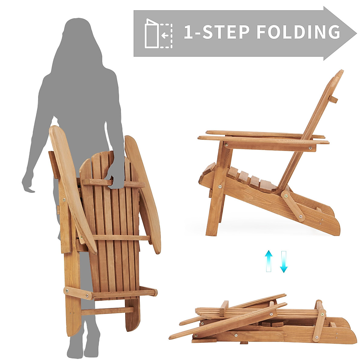 Mederra Wooden Folding Adirondack Chair, Half Pre-Assembled Outdoor Wood Patio Lounge Chair for Lawn Backyard Deck Pool Beach Firepit