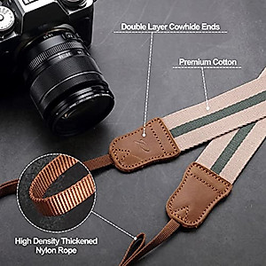 Beige Pink Stripe Camera Strap -Double Layer top-grain Cowhide Ends,1.5"Wide Pure Cotton Woven Camera Strap,Adjustable Universal Neck & Shoulder Strap for All DSLR Cameras,Great Gift for Photographers