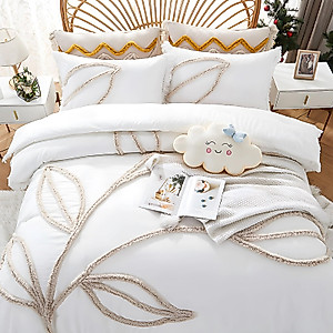 Rvciby Boho Leaf Duvet Cover Queen Size,Soft Microfiber Bedding Set with Tassel and Tufted Pattern,3 Pieces,1 Duvet Cover with Zipper Closure & Corner Ties and 2 Pillow Shams,90 X 90 Inches (White)