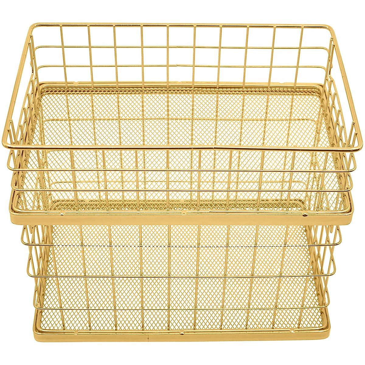 Set of 2 Stackable 10" Metal Wire Storage Basket Bins With Handles (Gold Woven Mesh Base)