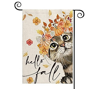 AVOIN colorlife Hello Fall Cat Garden Flag Double Sided, Autumn Seasonal Pumpkin Leaves Flower Floral Yard Ourdoor Decoration 12x18 Inch