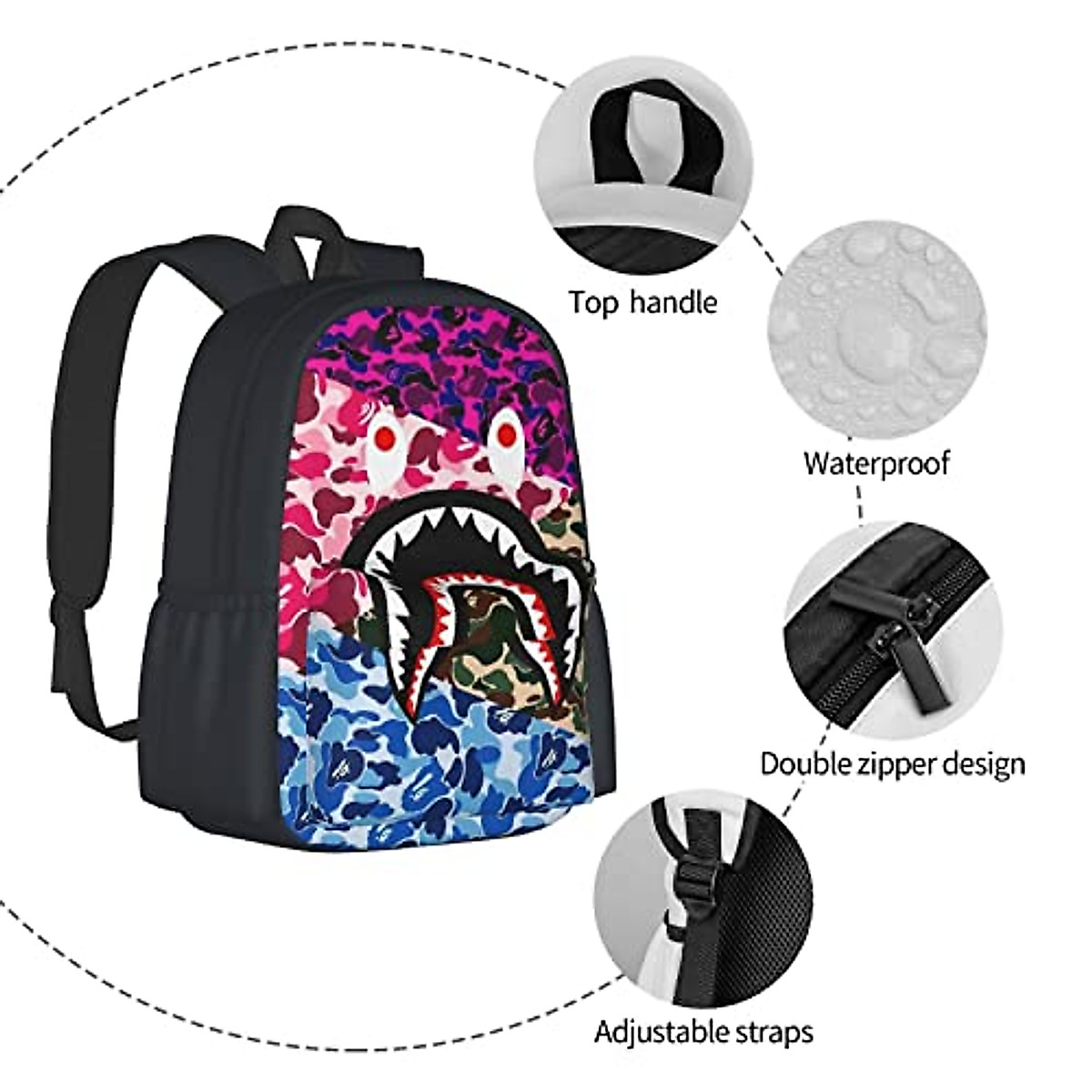 Oyleames Shark Teeth Camo Backpacks Travel Laptop Daypack Big Capacity Bookbag Fashionable And Durable