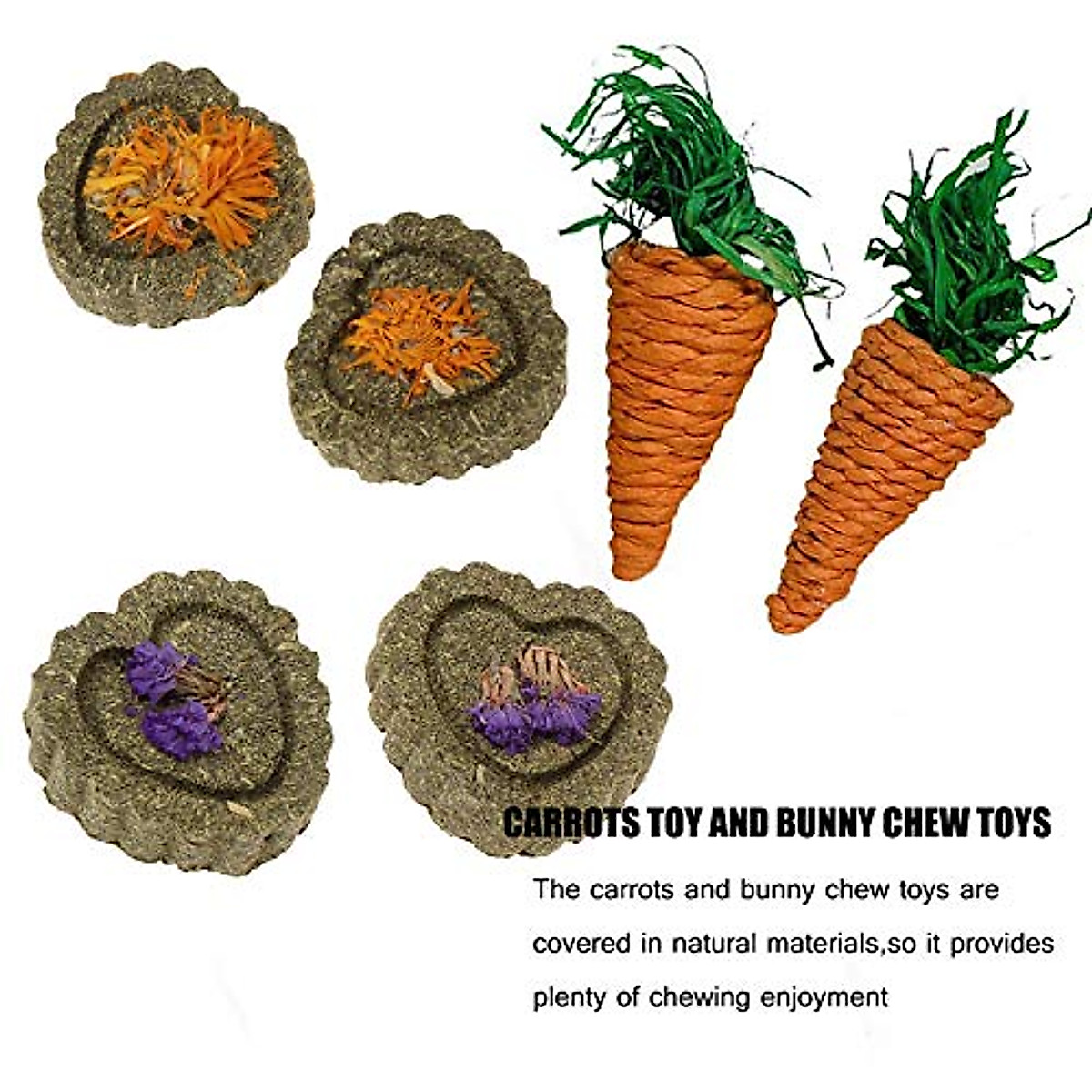 kathson 2 Pcs Rabbit Grass House Natural Foldable Hand Woven Seagrass Bed Carrot Hay Toy Hut Safe Comfortable Playhouse with Bunny Chew Toys for Bunny Hamster Guinea Pig Chinchilla Ferret
