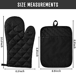 R HORSE 4Pcs Oven Mitts Pot Holders Set for Kitchen, Cotton Lining Heat Resistant Oven Gloves Black Kitchen Mittens Hot Pads Pot Holder with Pocket & Hanging Loop Trivets for Cooking Baking Grilling