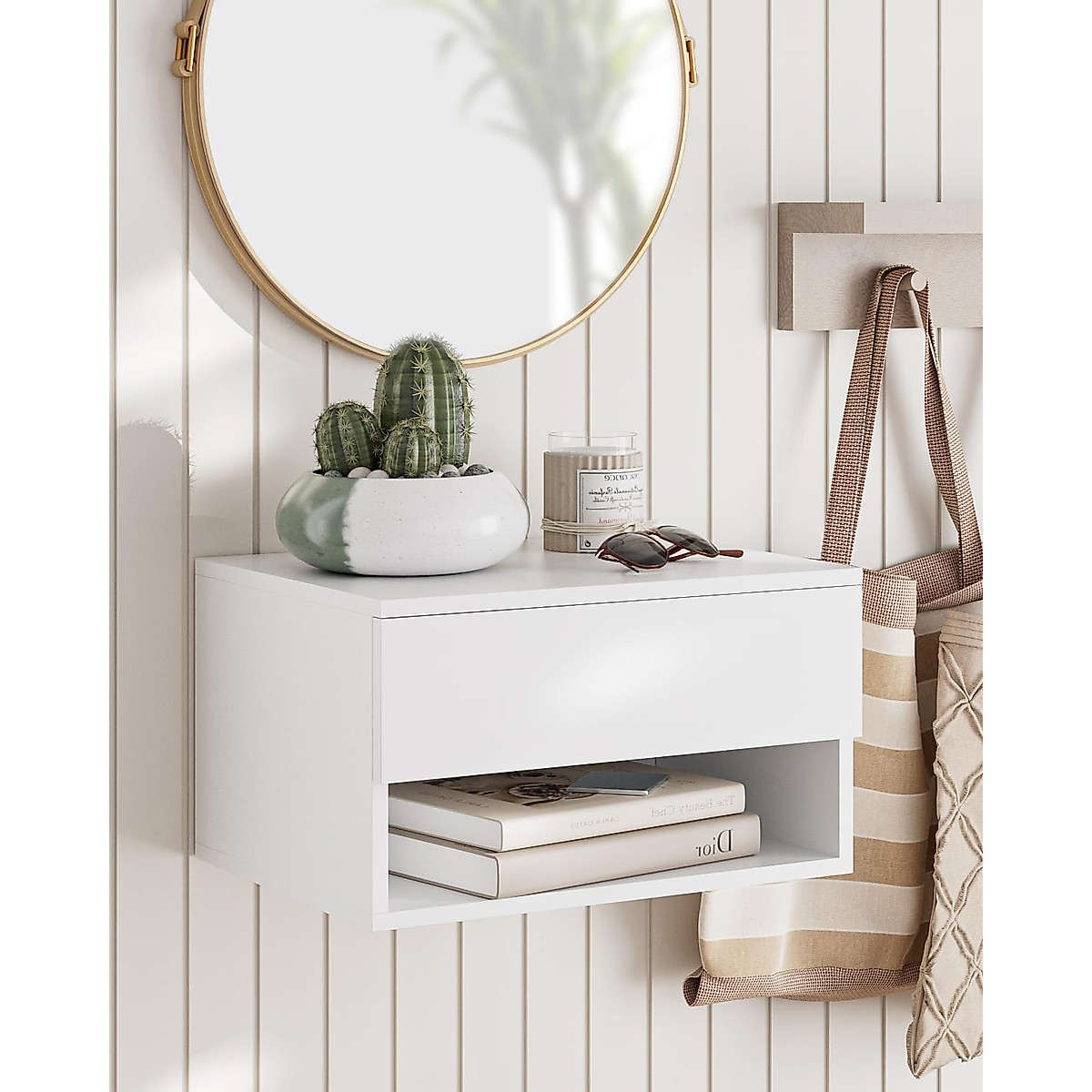 Aobafuir Floating Nightstand, Small Modern Floating Nightstand with Drawer, Floating Shelves for Bedroom, Bathroom (White)