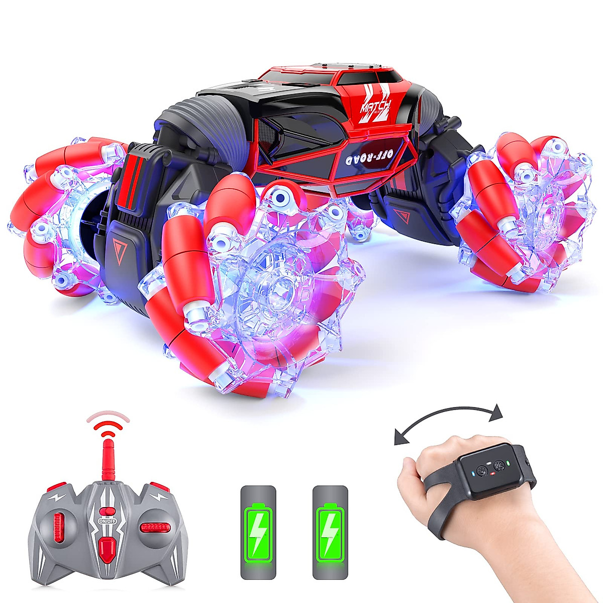 Powerextra LED Remote Control Car, 4WD 2.4GHz Gesture Sensing Rc Stunt Car, Double Sided 360°Rotating Transform Off Road Car with Light, Toy Cars for 6-12 Year Old Boys & Girls - Red