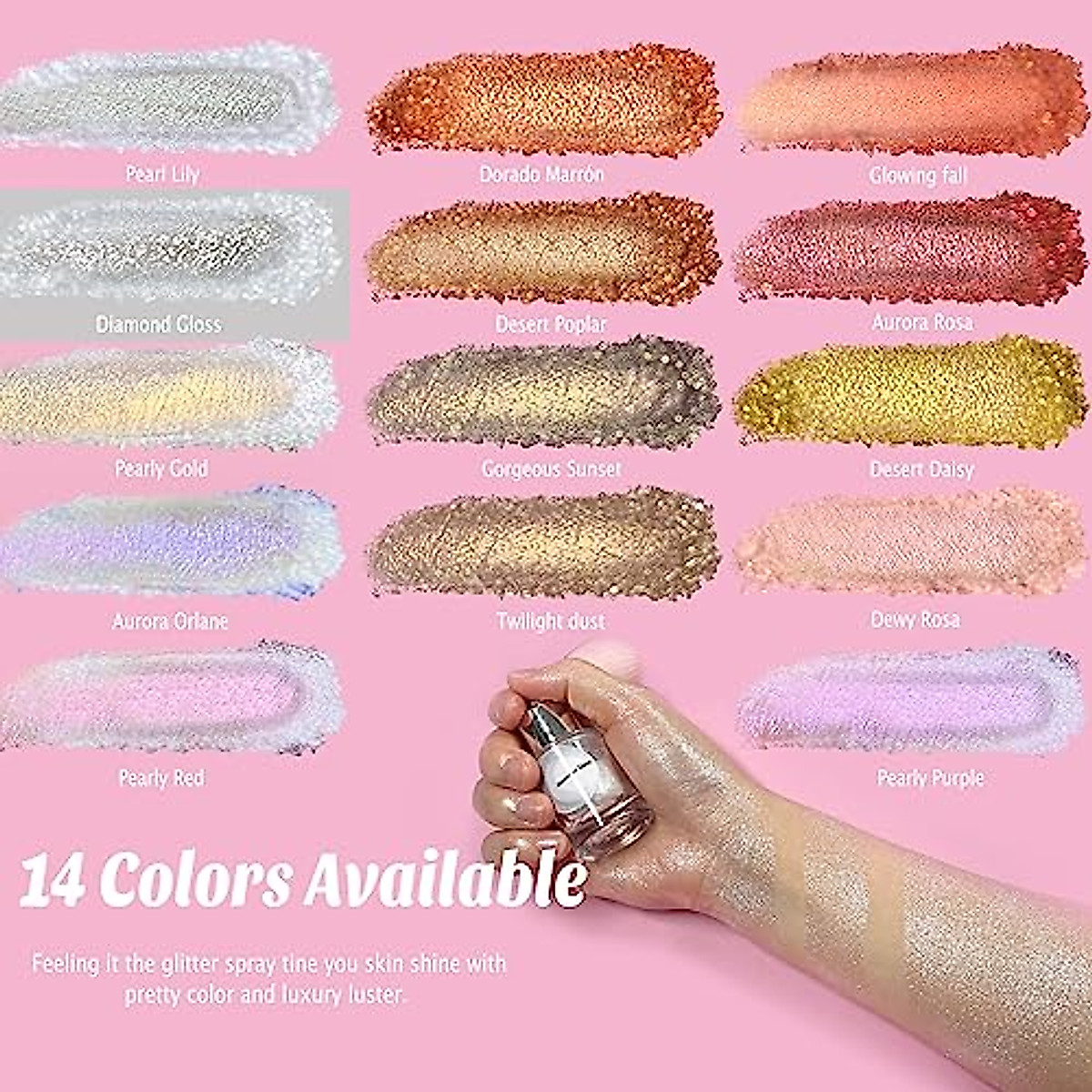 BOKO Highlighter Powder Spray, Cosmetic Grade Body Shimmer Spray High Gloss Diamond Highlight Glitter Magic Powder Makeup Sparkle Glitter Hairspray Rave Accessories for Women Face Paint Hair Clothes