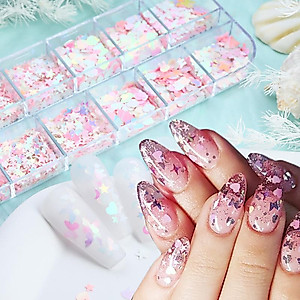 12 Grids Pink Laser Nail Glitter Sequins 3D Holographic Nail Glitter Flakes Sparkle Stars Moon Nail Sequins Heart Butterfly Nail Charms Accessories for Women DIY Eyes Nail Art Supplies Decorations