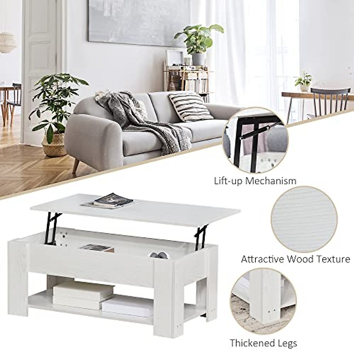 HOMCOM 39" Lift Top Coffee Table with Hidden Storage Compartment and Open Shelf, Pop Up Coffee Table for Living Room, White
