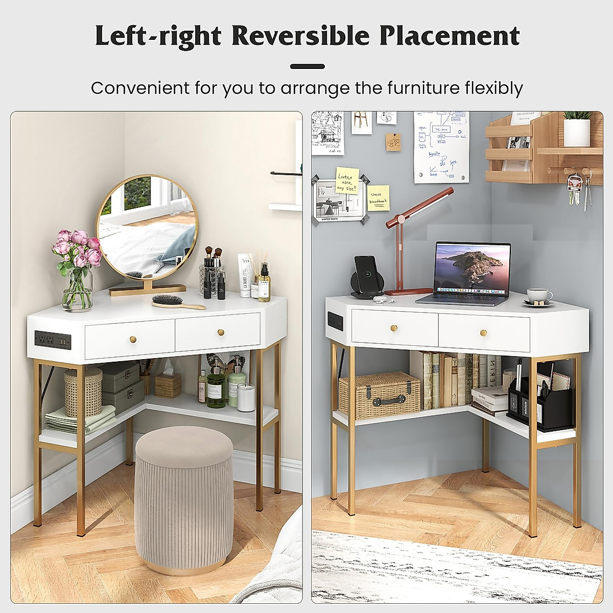 Tangkula White Corner Desk with 2 Drawers & Built-in Charging Station, 90 Degrees Triangle Corner Computer Desk for Small Space, Bedroom Makeup Vanity Desk with Storage Shelves, Corner Writing Desk