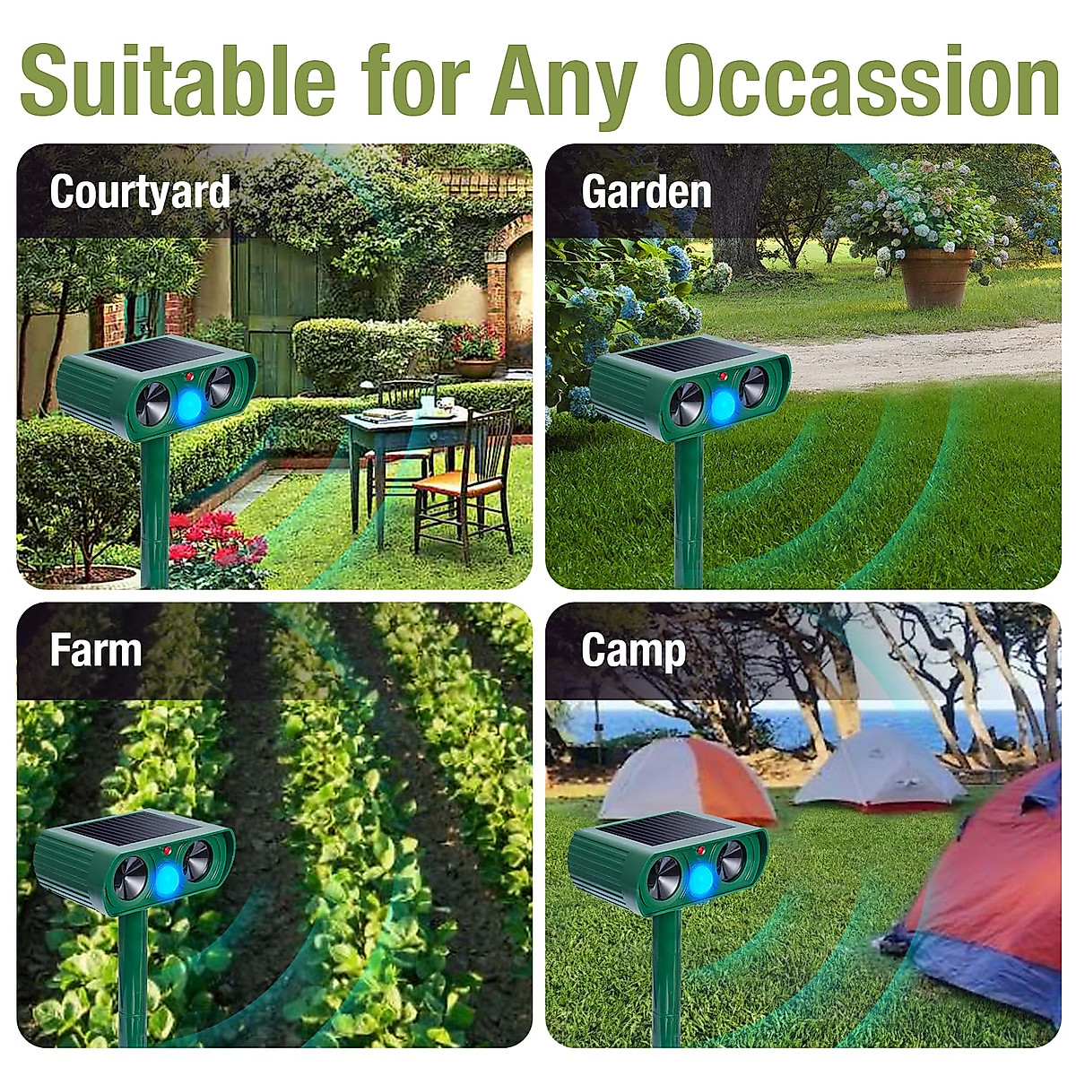 Solar Animal Repeller, 2 Pack Ultrasonic Animal Repeller Outdoor, Animal Deterrent Devices Repel Squirrel, Raccoon, Skunk, Fox, Deer, Waterproof with Motion Detector (Green)