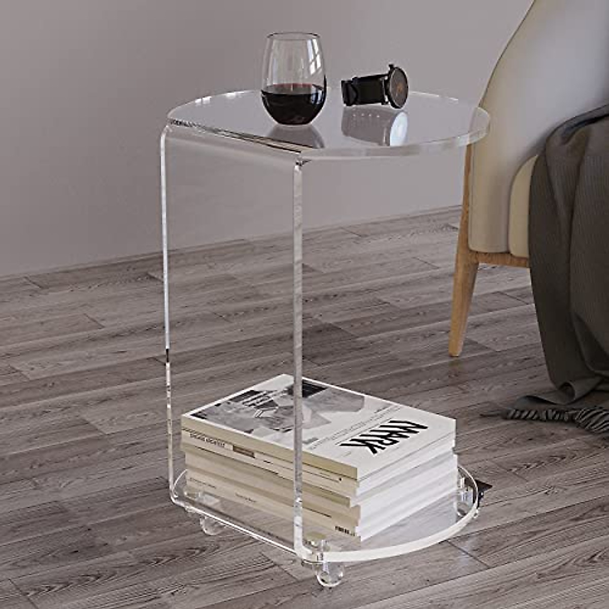 ONELUX C-Shaped Round Acrylic Side Sofa Table on Wheels,Clear Rolling Decoration Table for Living Room or Bedroom