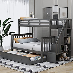 Twin Over Full Bunk Bed with Stairs and Trundle Wood Stairway Bunk Beds with Storage Shelf for Kids Boys Girls Teens, Gray
