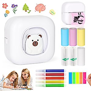 QYCHHJ Inkless Mini Sticker Printer Mini Thermal Printer with 6 Rolls Thermal Paper & Color Pen, Portable Pocket Printer Label Receipt Note Printer for Notes Journal Memo Photo Study, White