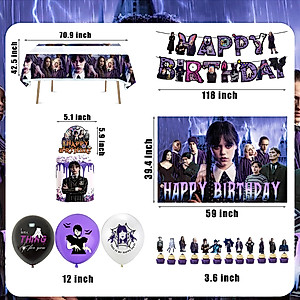 Wednesday Addams Birthday Supplies -Wednesday Birthday Party Decorations include Happy Birthday Banner, Tableware Set, Tablecloth, Backdrop, Cake Toppers, Cupcake Toppers, Latex Balloons