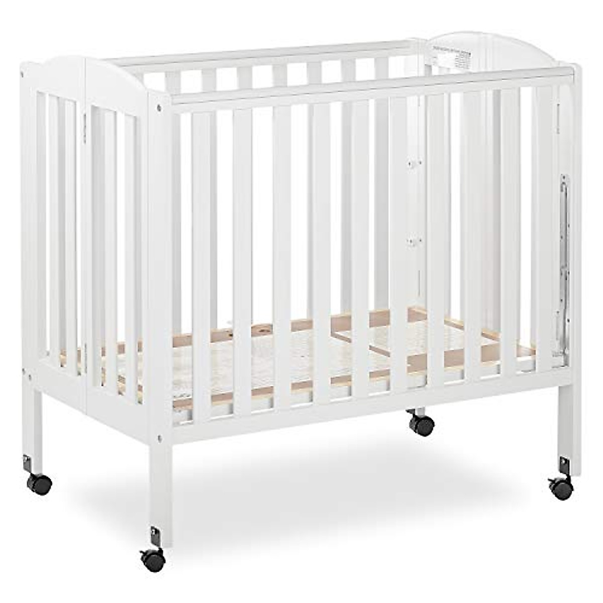 Dream On Me 3 in 1 Portable Folding Stationary Side Crib in White, Greenguard Gold Certified, Safety Wheel with Locking Casters, Convertible, 3 Mattress Heights