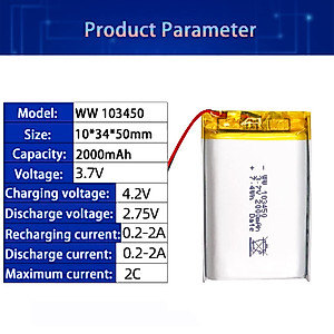 FREEDOH Lithium Polymer Battery 3.7V 2000mAh Rechargeable Lithium Battery 103450 Li-Polymer Ion Backup Battery with Protection Board (2pcs)