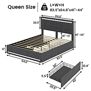 ADORNEVE Queen LED Bed Frame with 4 Drawers and 2 USB Charging Station, Queen Size Bed Frame with LED Lights Headboard Footboard, Upholstered Platform Bed with Storage, No Box Spring Needed, Dark Grey