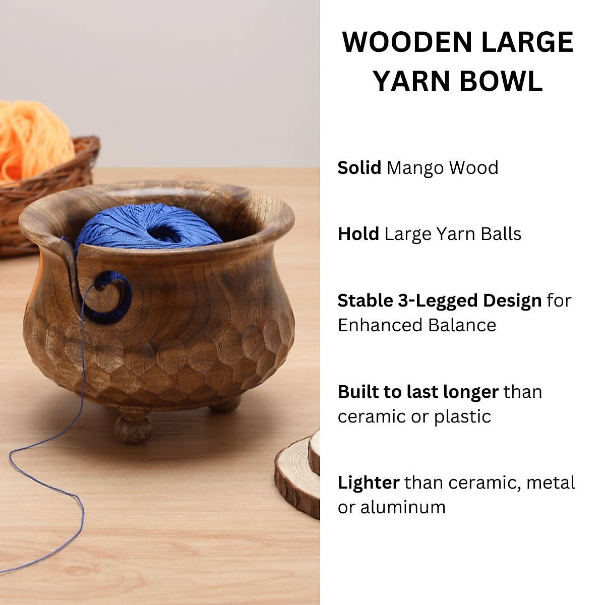 Handmade Wooden Yarn Holder – Large (7x4) Pot Shape Yarn Storage Bowl for Crocheting – Crochet Yarn Bowl Large - Crafting Gift for Knitters & Crocheters