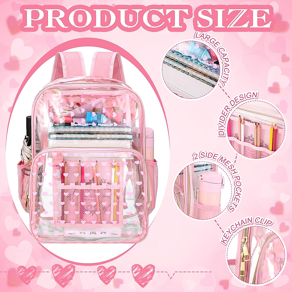 3 Pieces Clear Backpack Stadium Approved Backpack for Girls Clear Stadium Backpack Set Clear Tote Backpack for Women, 16.9 x 12 x 6.5 Inch (Heart Style)