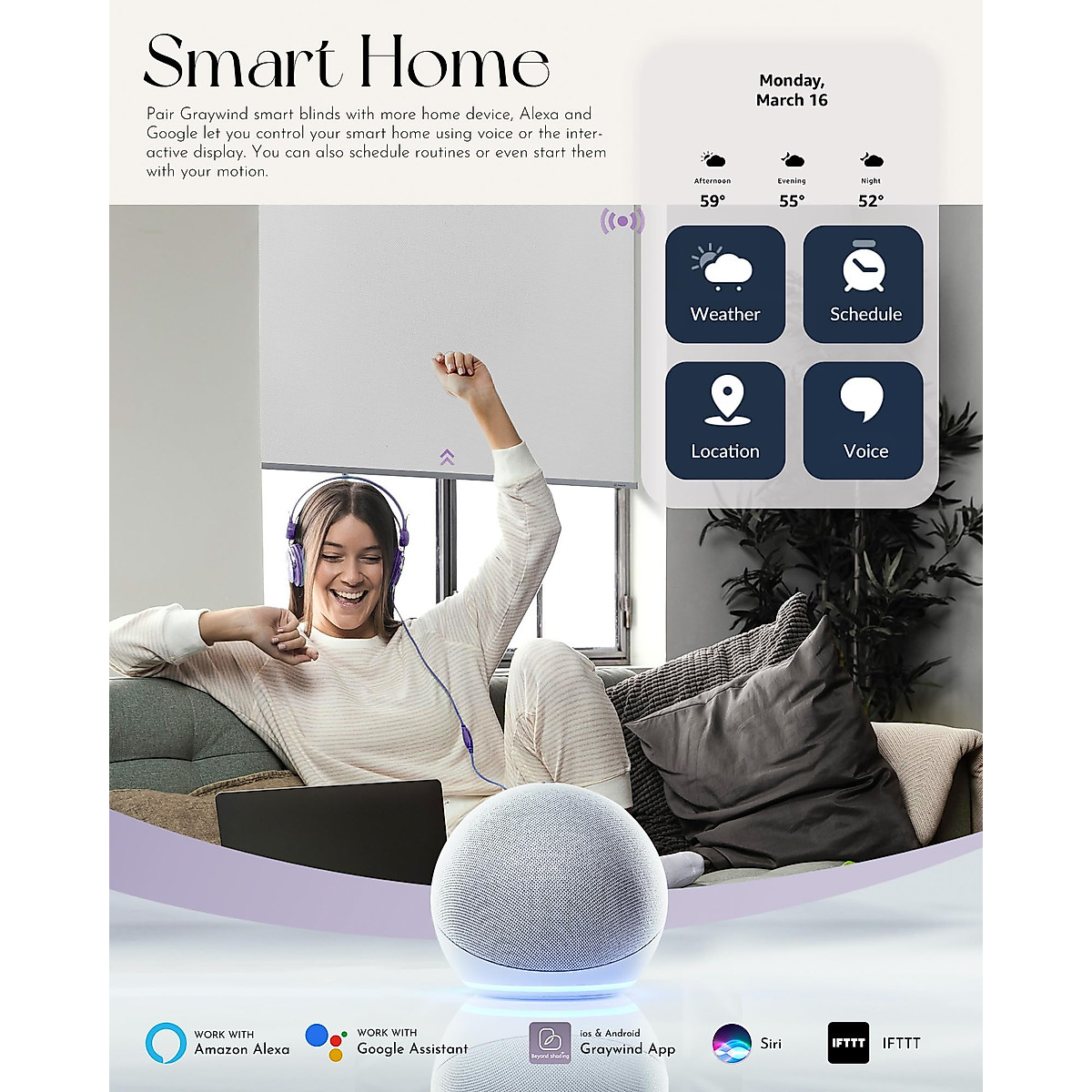 Graywind Motorized Roller Shades Work with Alexa Google Smart Blackout Shades with Remote Insulated Triple Weaved Fabric Window Blinds with Valance for Smart Home Office, Customized Size (Dark Grey)