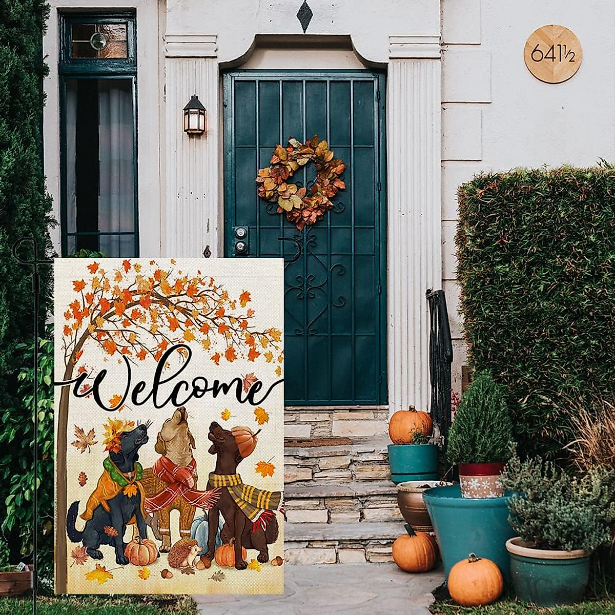 CROWNED BEAUTY Fall Dogs Garden Flag 12x18 Inch Double Sided for Outside Welcome Maple Leaves Small Burlap Seasonal Autumn Yard Decoration