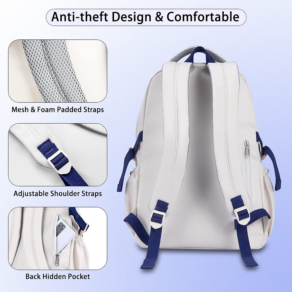 School Backpack Laptop Computer Backpack 15.6 inch Anti-theft Big Daypack Casual Bag Travel Bookbag Aesthetic Cute Backpacks for College Large Backpacks Purse for Boy Girl Teen Women Men Student-White