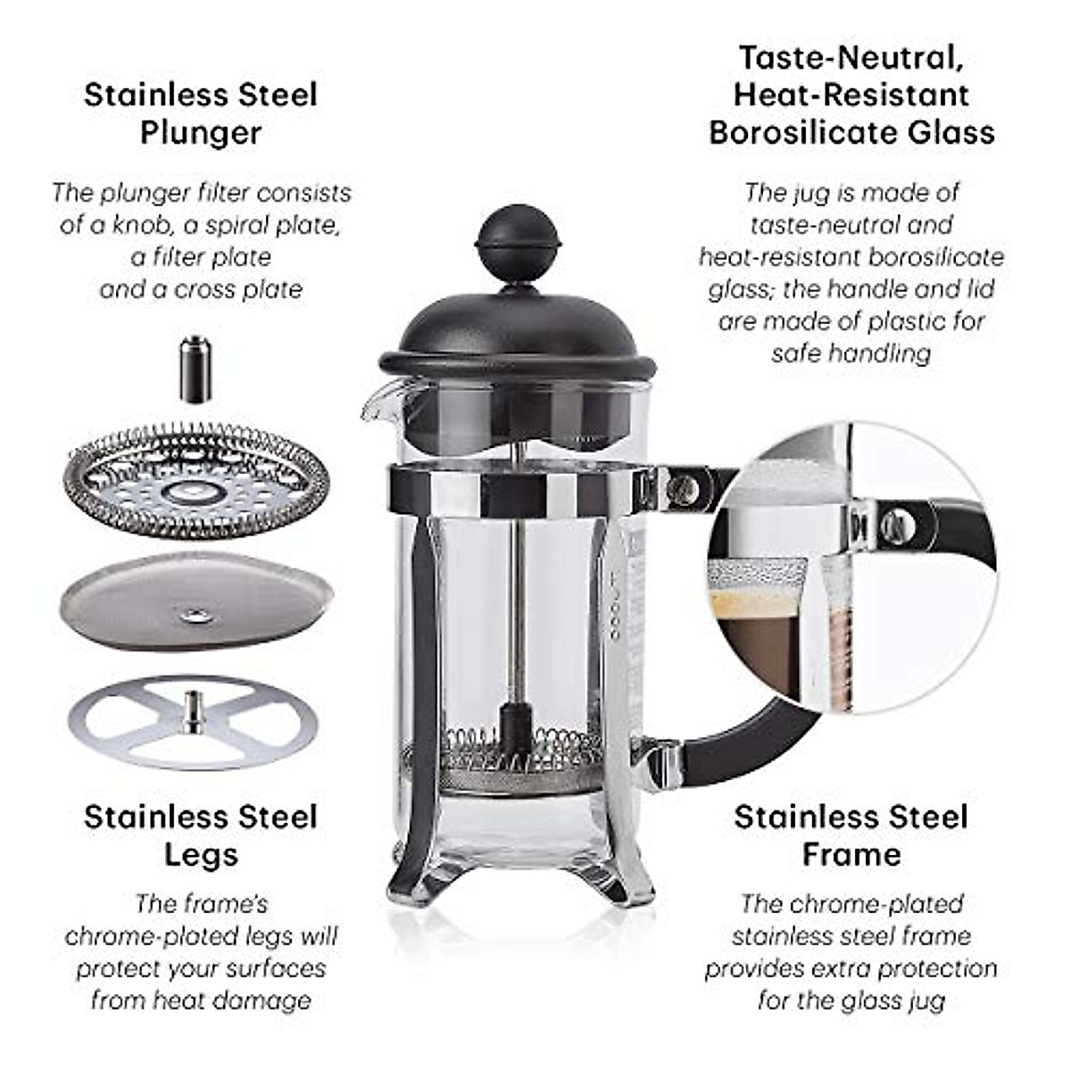 Bodum Caffettiera French Press Coffee Maker, Black Plastic Lid and Stainless Steel Frame, 3-Cup, 12-Ounce