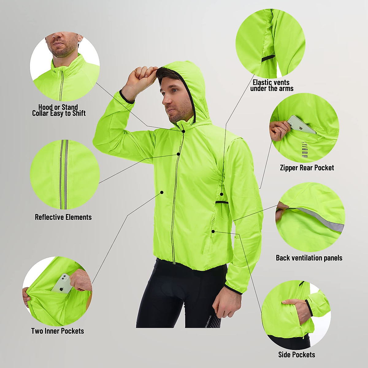 qualidyne Men's Cycling Running Jacket Hooded Bike Windbreaker Vest Removable Sleeves Reflective Lightweight Windproof Coat