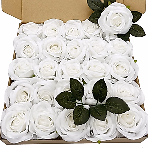 DSforG 25PCS White Flowers Silk Rose Artificial Flowers Real Touch Fake Rose w/Stem Faux Flowers Gift Box for Weddings Parties Floral Arrangements Arrangements Party Tables Decorations