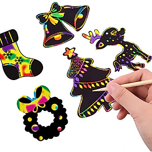 FINGOOO Scratch Art for Kids,48 Christmas Rainbow Scratch Paper Art Set with 12 Wooden Stylus Xmas Craft Decor