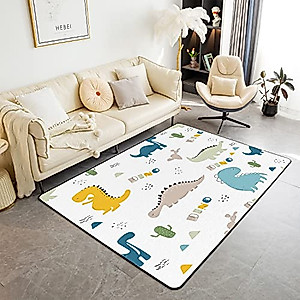 jejeloiu Cute Dinosaur Area Rug Cartoon Cactus Rugs for Living Room Set Decor Jungle Dino Boho Succulent Decorative Carpet Set Wild Animal Pattern Yellow Grey Indoor Floor Mat Bedroom Accent Rug 5X7