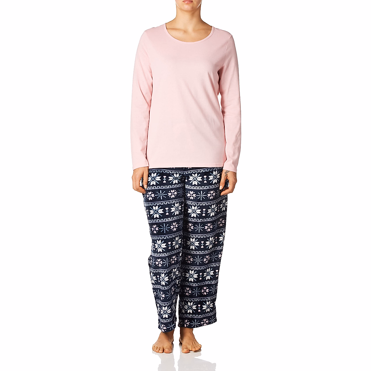 Fruit of the Loom Women's Sueded Jersey Crew Top and Fleece Pant Sleep Set, Soft Pink/Fairisle, Large