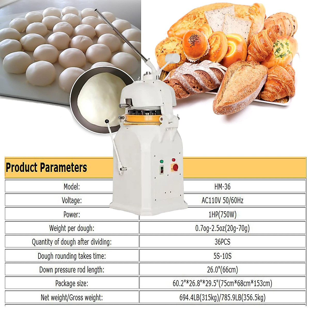EQCOTWEA Dough Divider Rounder Machine 36Pcs Pastry Dough Dividing Rounding Machine Dough Portioning Rounder Bread Semi-Automatic Dough Separator Splitter Roller Dough Ball Maker Shaper 20g-70g 110V
