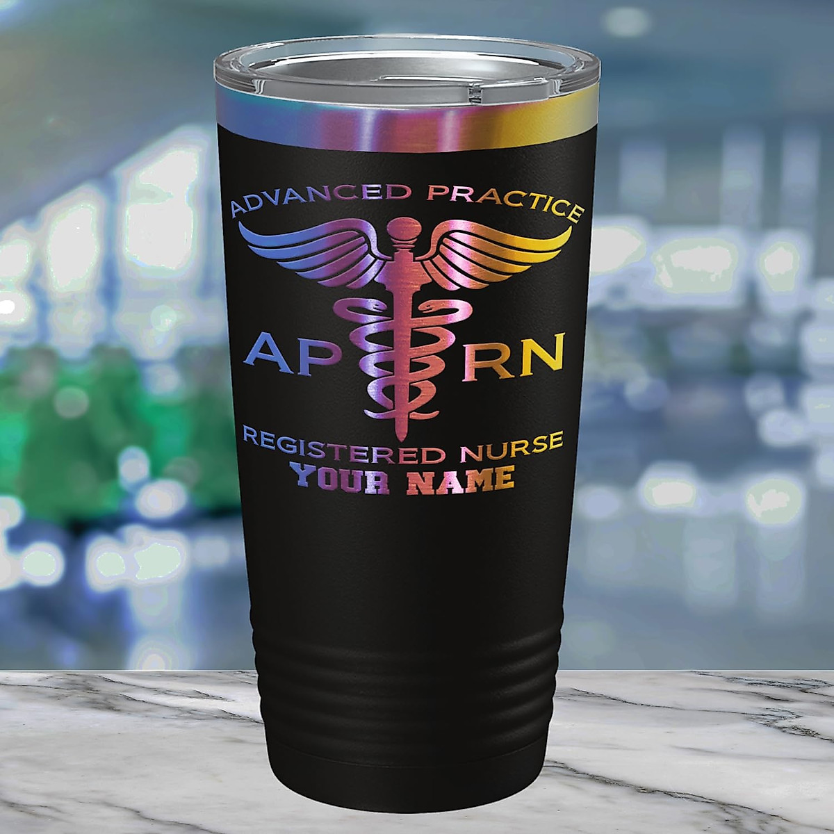 Personalized APRN Advanced Practice Registered Nurse on Black with Ion Prism Design 20 oz Stainless Steel Tumbler with Lid - Insulated Cup - Custom Travel Mug