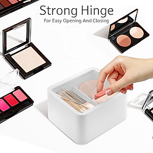 HOMEQUIP bathroom organizer Cotton Pad & Q Tip Storage with Lid – White Quip Dispenser Box with 2 Sections for Cotton Swab Balls, Makeup Sponge, Tooth Pick, Hair Accessories & Much More