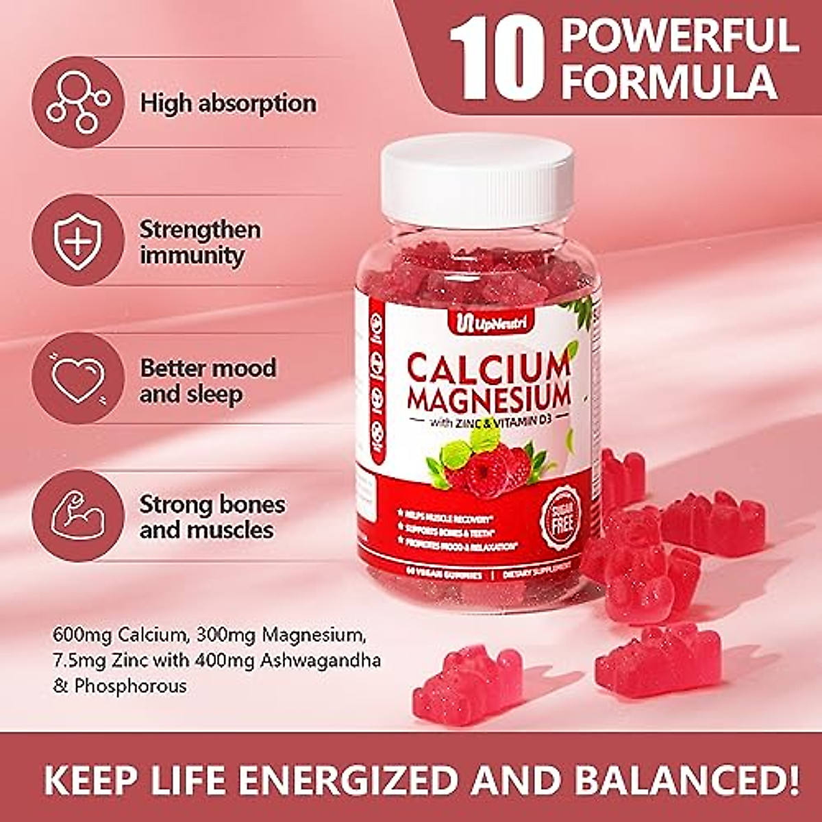Calcium Magnesium Zinc with Vitamin D3 Gummies, Sugar Free Calcium Supplements for Women Men, High Absorption Zinc Gummies for Bone & Muscle & Immune Health, Vegan Raspberry Flavor - 120 Count