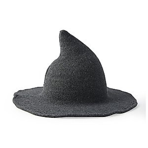 TreaZieo Womens Felt Pointed Adult Witch Hat Foldable Wide Brim Wool-Knit Floppy Hat Dark Grey