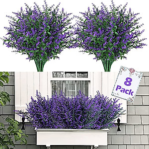 8 Bundles Outdoor Artificial Lavender Fake Flowers UV Resistant Plastic Plant, No Fade Faux Flower Plastic Greenery Shrubs Plants for Indoor Outside Porch Home Garden Window Box Decorating