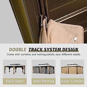 Domi 12x18FT Hardtop Gazebo with Netting & Curtains, Outdoor Aluminum Frame Gazebo with Galvanized Steel Double Roof, Outdoor Permanent Metal Pavilion for Patio Deck Lawn and Garden, Brown